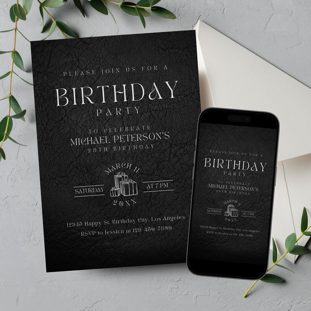Editable Black Birthday Invitation for Men, Printable Luxury Black ...
