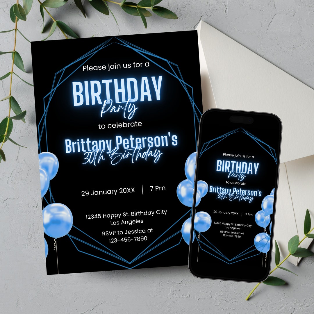 Editable Blue Neon Birthday Invitation, Printable Black and Blue ...