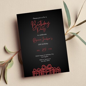Editable Black and Ruby Red Birthday Invitation, Printable Luxury Black ...