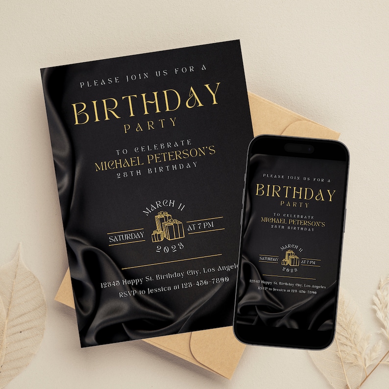 Editable Black and Gold Birthday Invitation, Printable All Black ...
