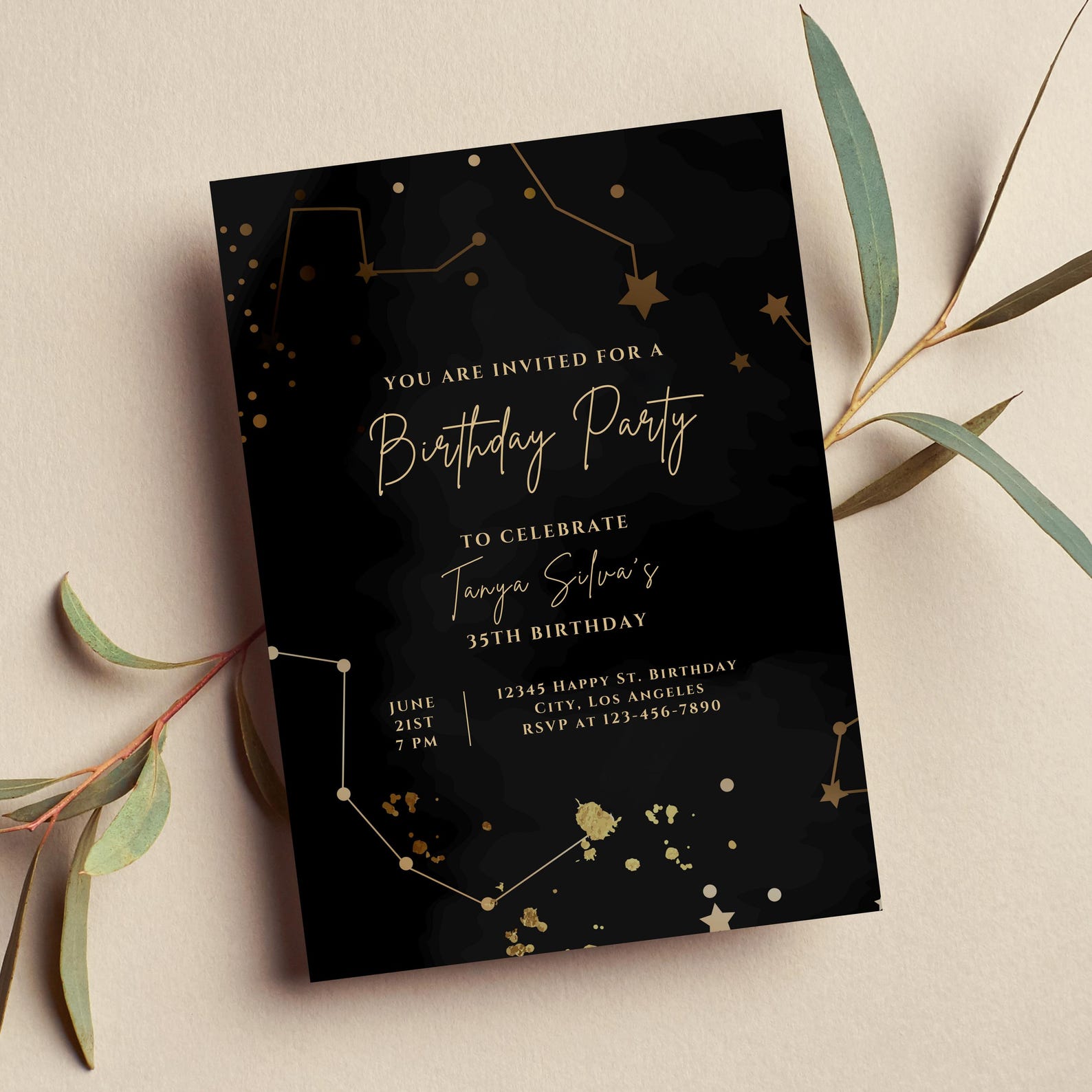 Editable Gold Celestial Stars Birthday Invitation for Women, Feminine ...