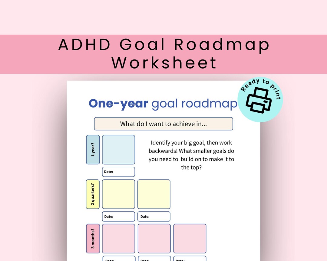 ADHD Goal Planner, 1-year Goal Roadmap Printable, A4 + US Letter, Black ...