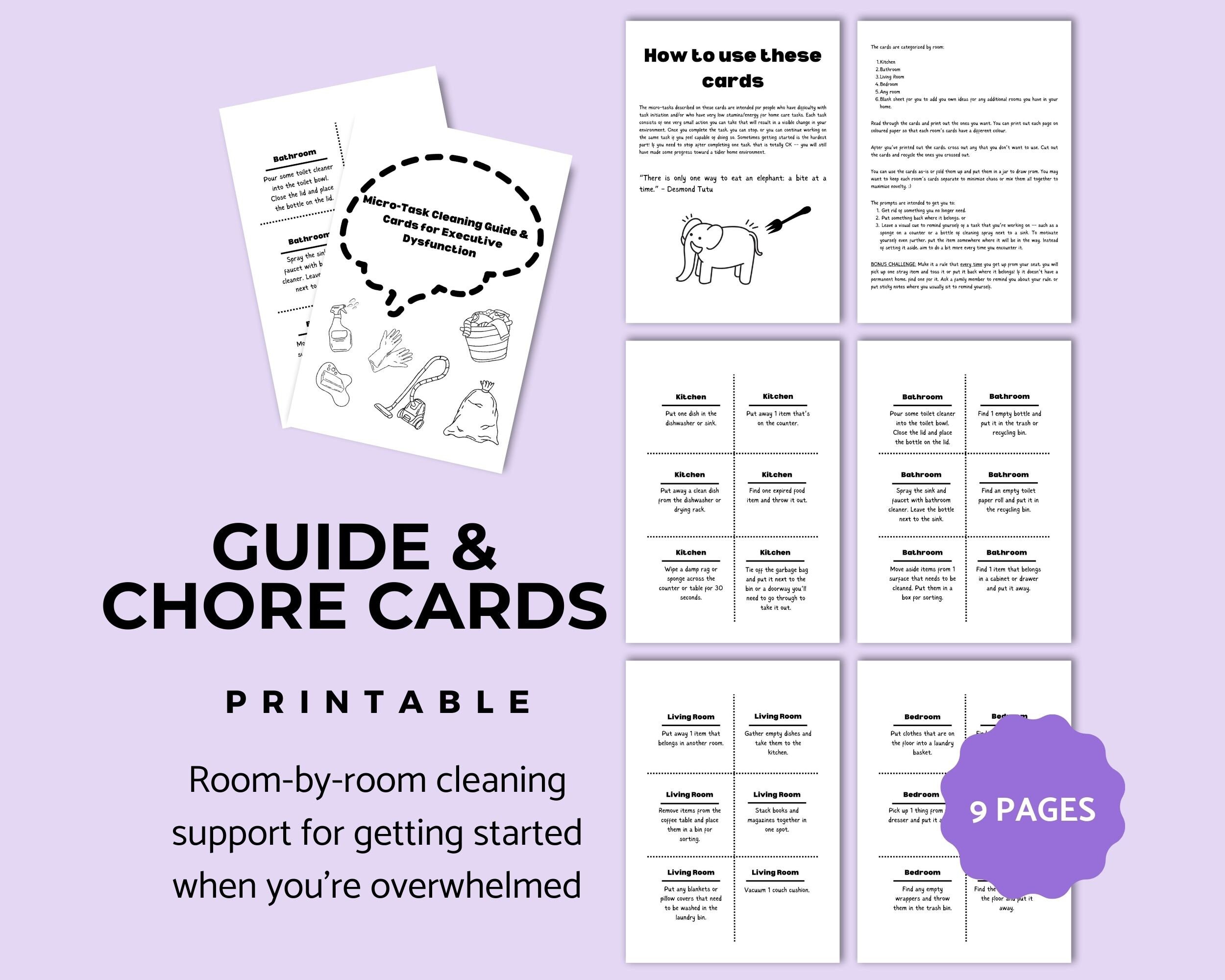 Printable Chore Cards for Executive Dysfunction, ADHD Cleaning Guide - Etsy