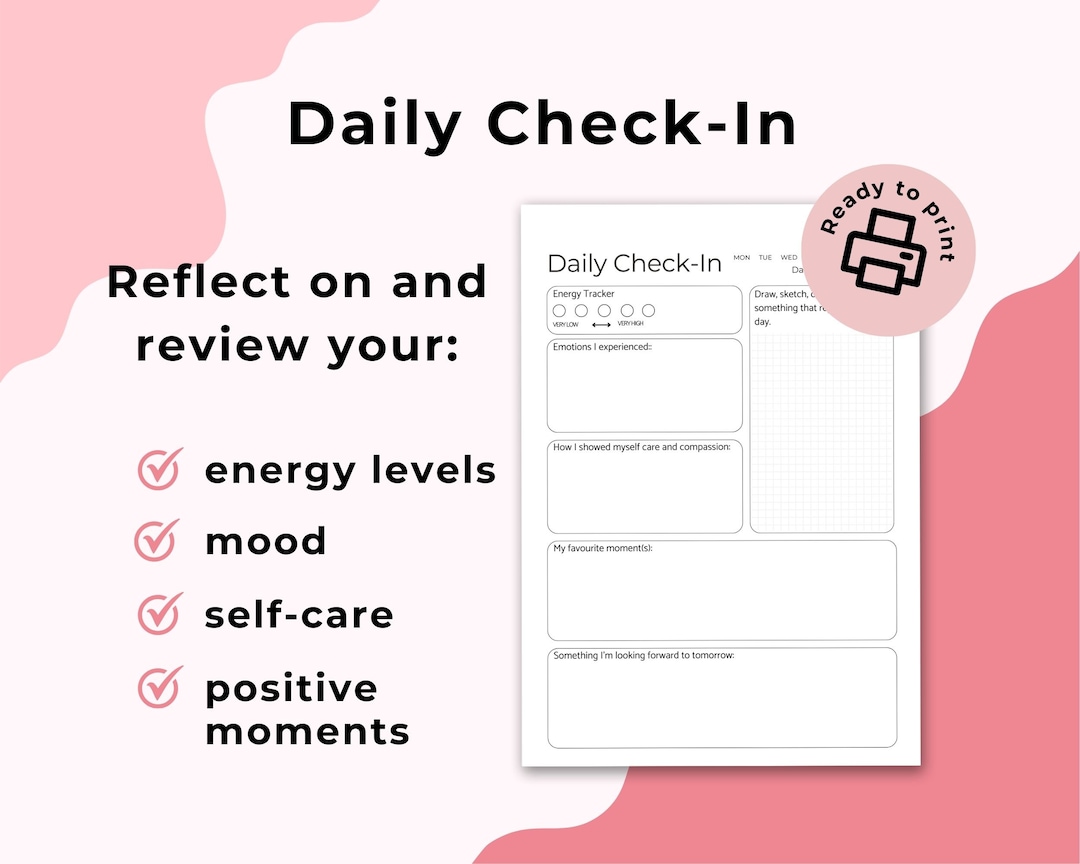 Printable Daily Check-in Journal Page: Energy Levels, Self Care ...