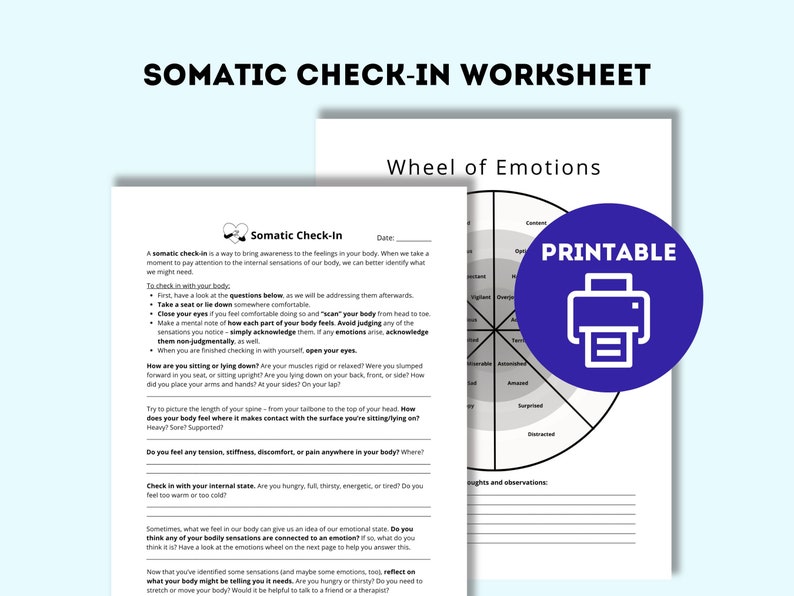 Somatic Check-in Worksheet With Emotions Wheel, Mindfulness Exercise ...