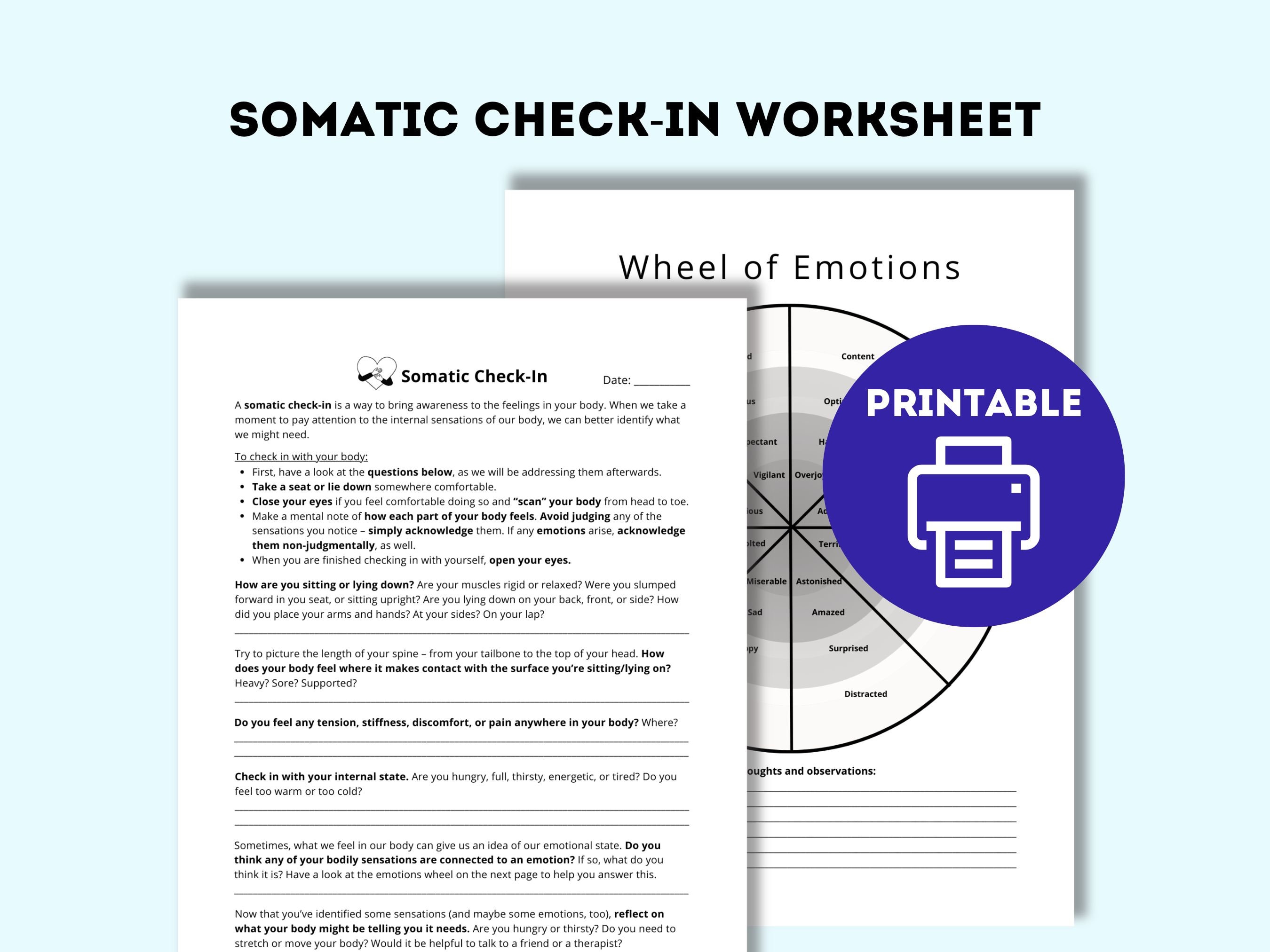 Somatic Check-in Worksheet With Emotions Wheel, Mindfulness Exercise ...