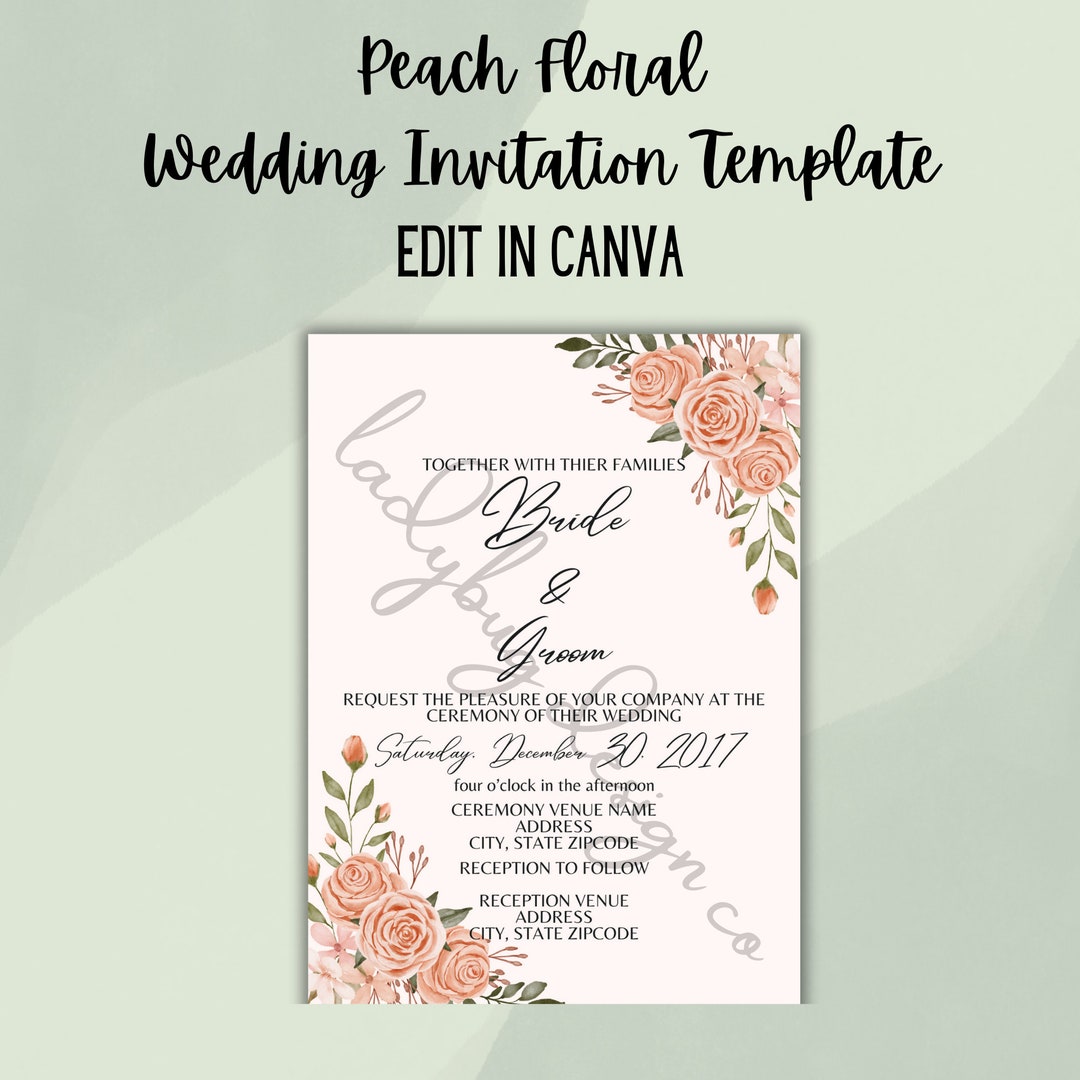 Peach | Coral | Wedding | Invitation | Template | Editable | Canva ...