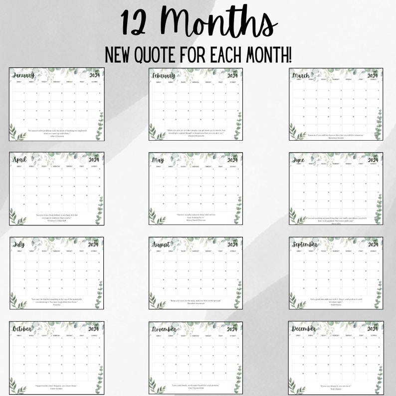 Printable 2024 Calendar Eucalyptus Theme With Motivational Quotes ...