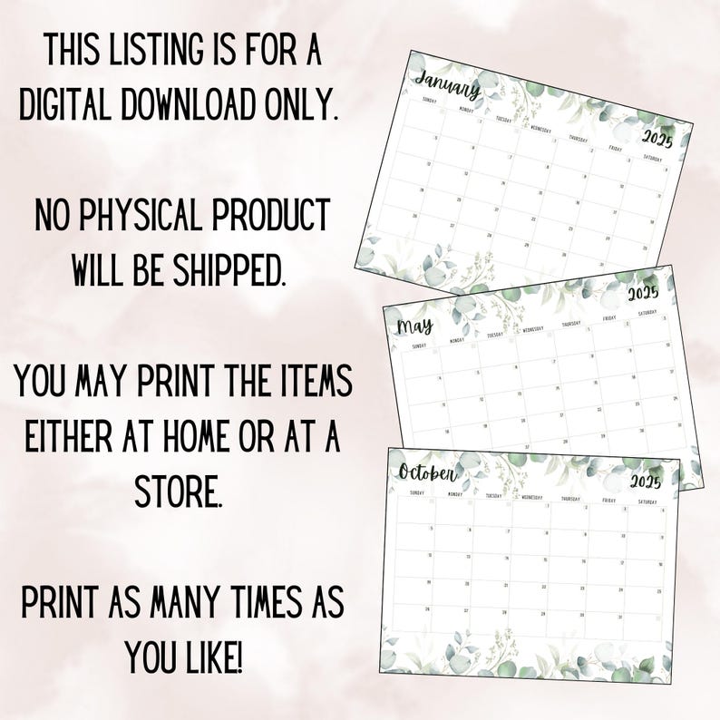 Calendar | Eucalyptus | Print | 2025 | Downloadable | Printable | New ...