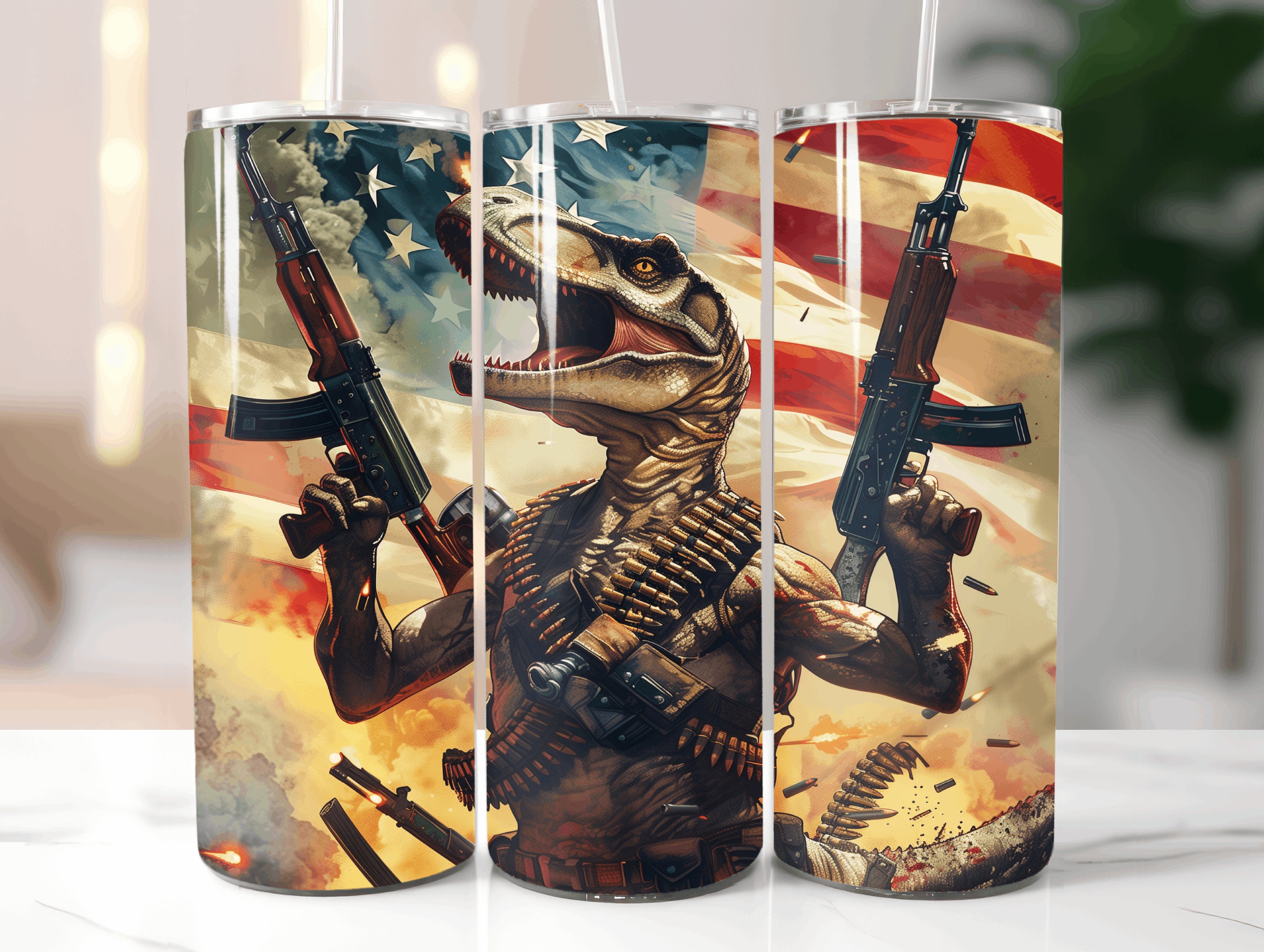 Velociraptor, Guns, Explosions and the American Flag Art 20 Oz Skinny ...