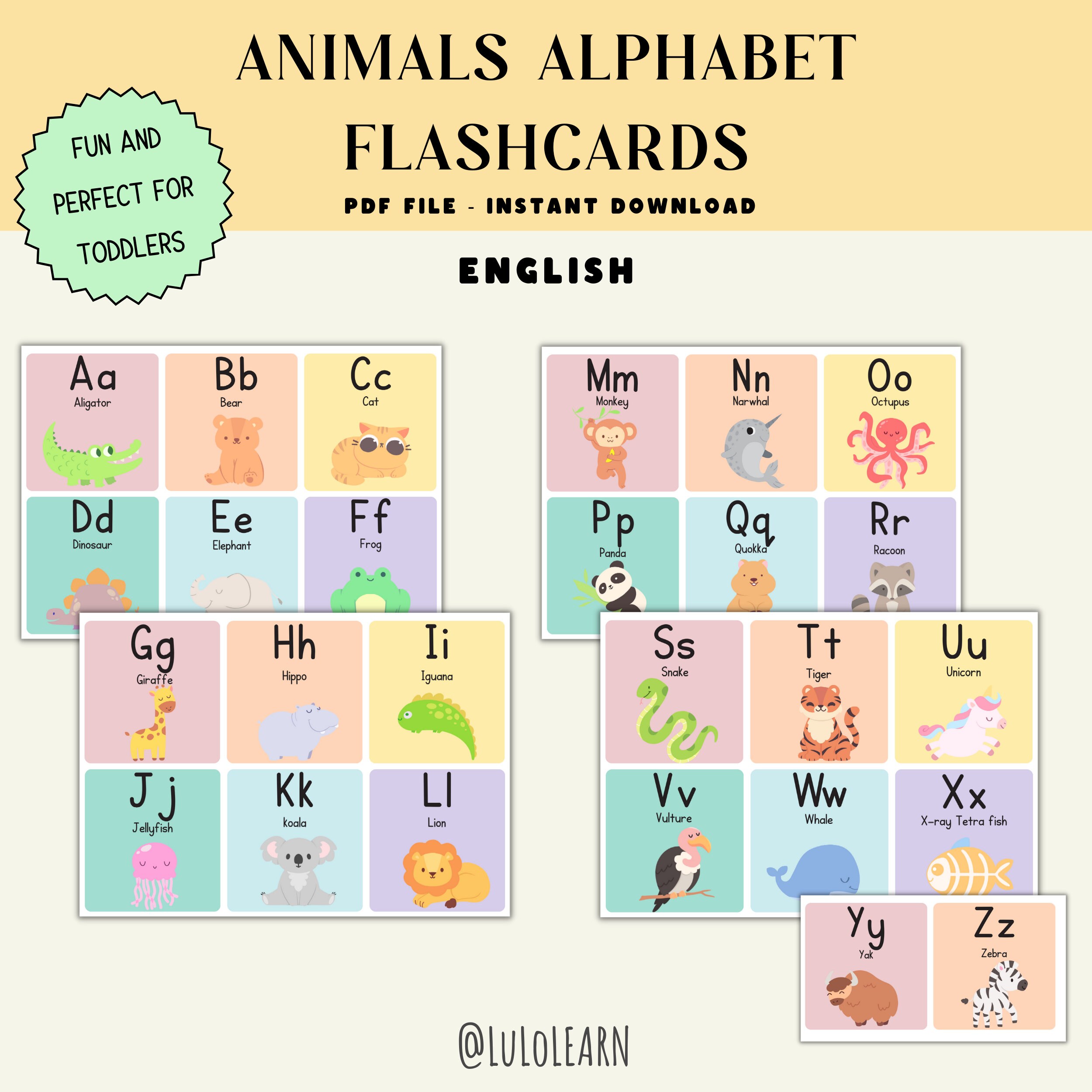 Animals Alphabet Flashcards in Spanish and English bilingual Printable ...