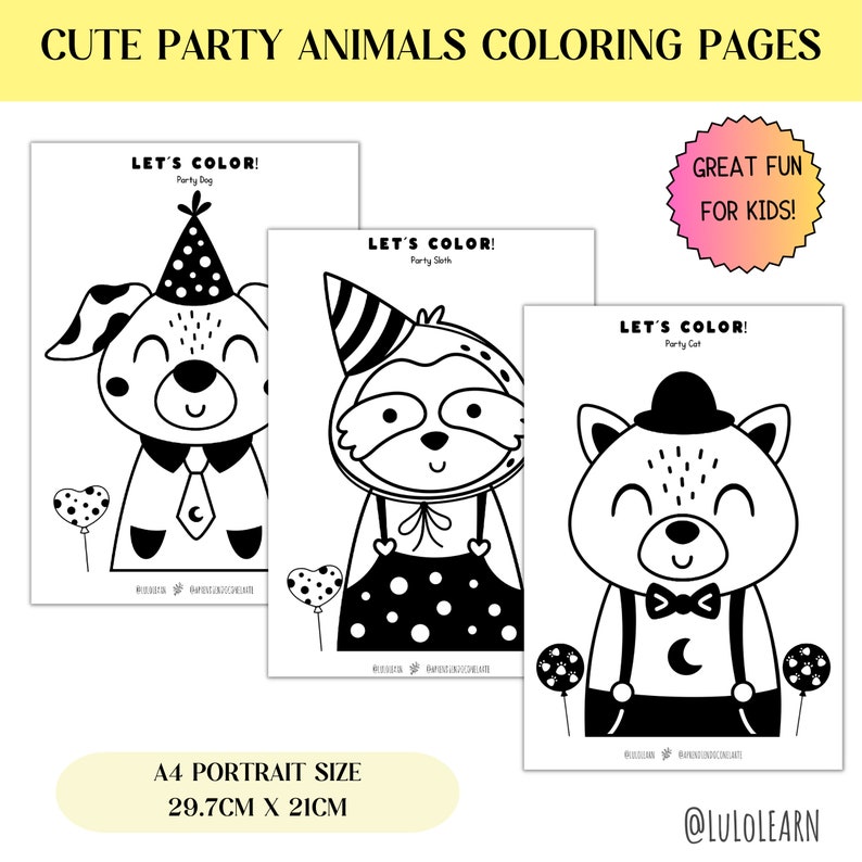Party Animals Coloring Pages | Fun Party Activities for Kids | Cute ...