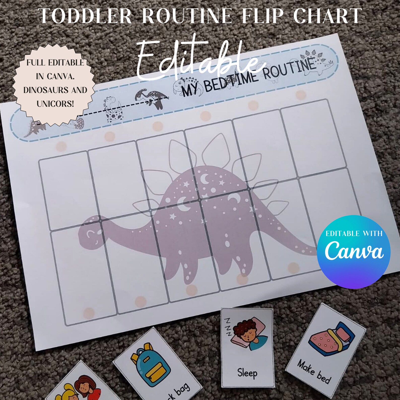 Toddler Bedtime Routine Chart Editable and Printable With Unicorns and ...