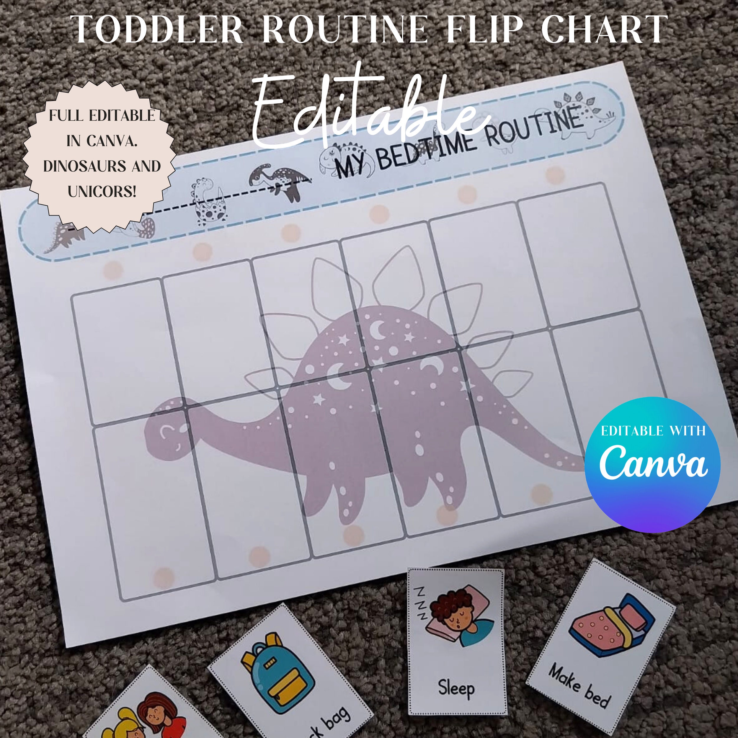 Toddler Bedtime Routine Chart Editable and Printable With Unicorns and ...