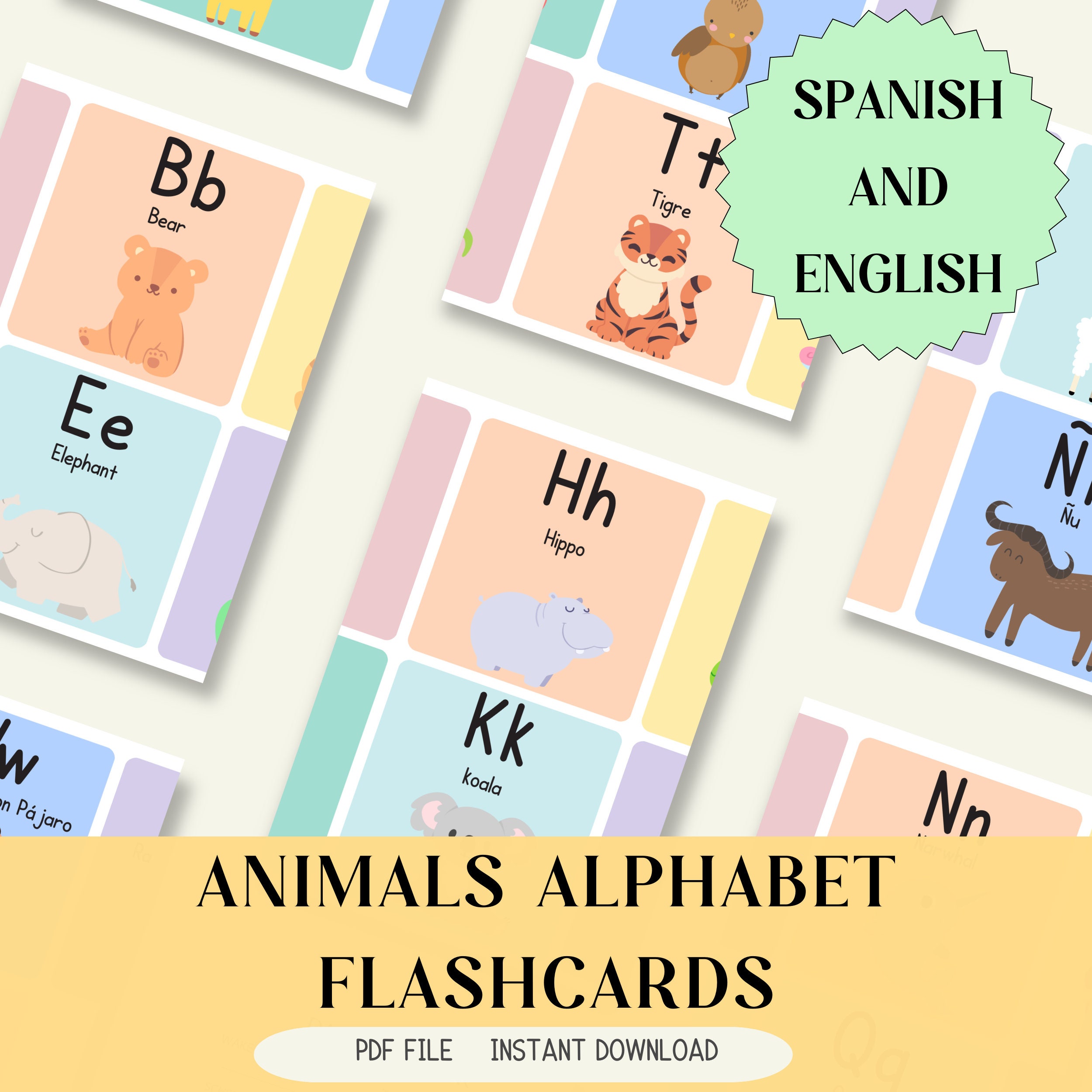 Animals Alphabet Flashcards in Spanish and English bilingual Printable ...