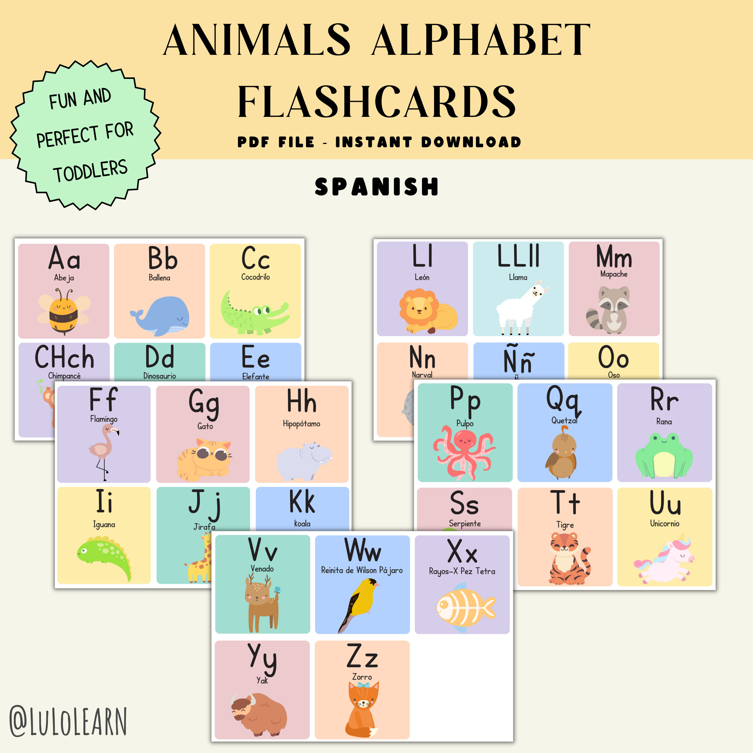 Animals Alphabet Flashcards in Spanish and English bilingual Printable ...