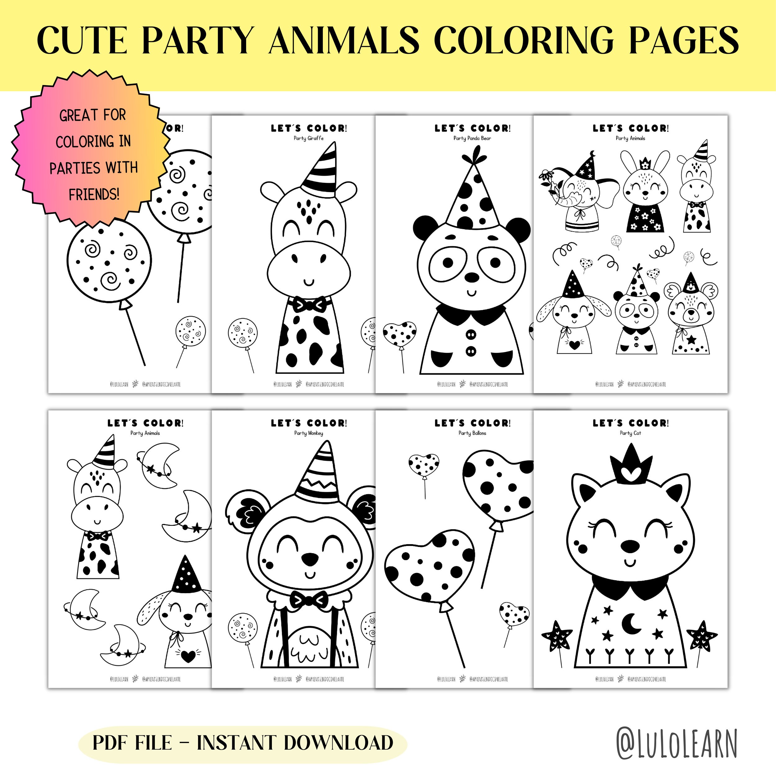Party Animals Coloring Pages | Fun Party Activities for Kids | Cute ...