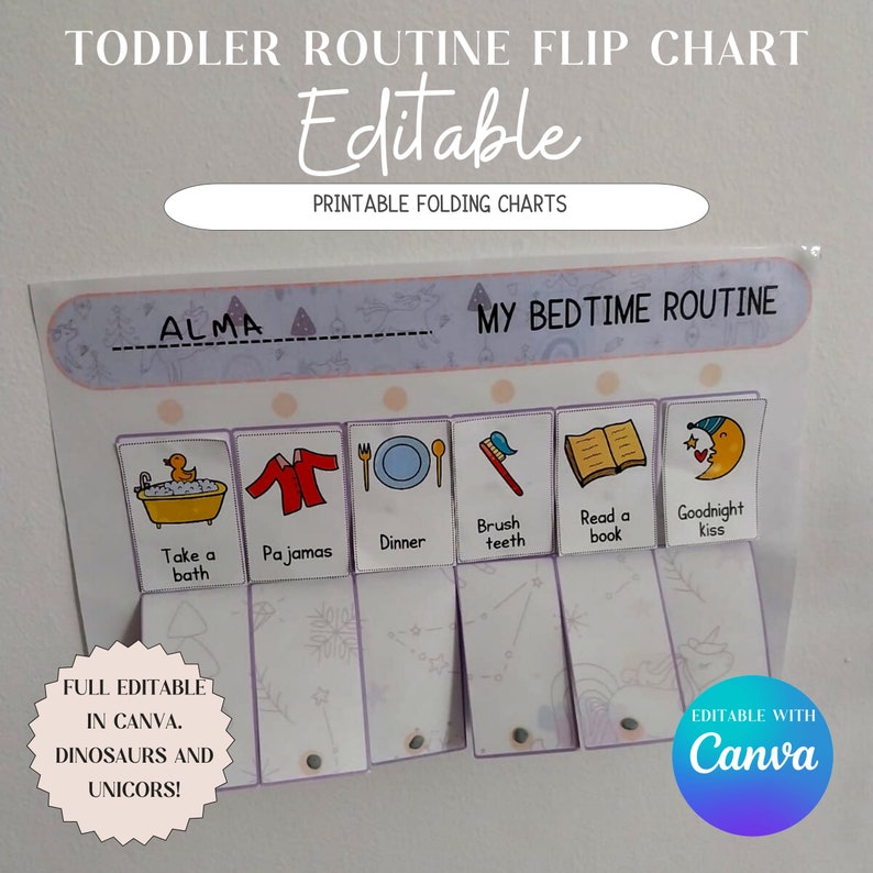 Toddler Bedtime Routine Chart Editable and Printable With Unicorns and ...
