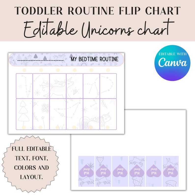 Toddler Bedtime Routine Chart Editable and Printable With Unicorns and ...