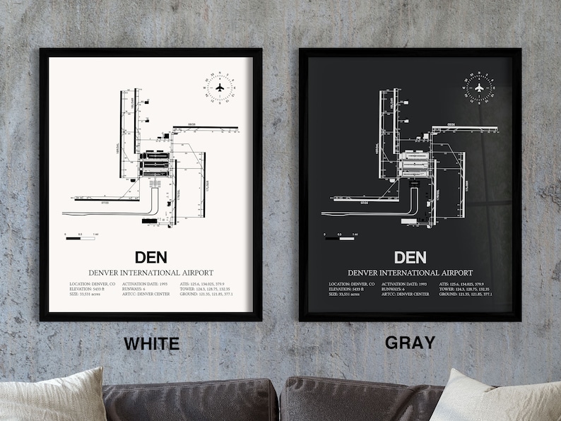 DEN Airport Map, Denver International Airport Framed Print, Aviation ...