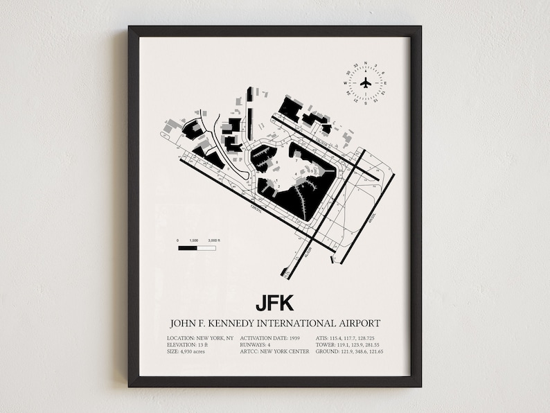 JFK Airport Map, John F. Kennedy International Airport Framed Print ...