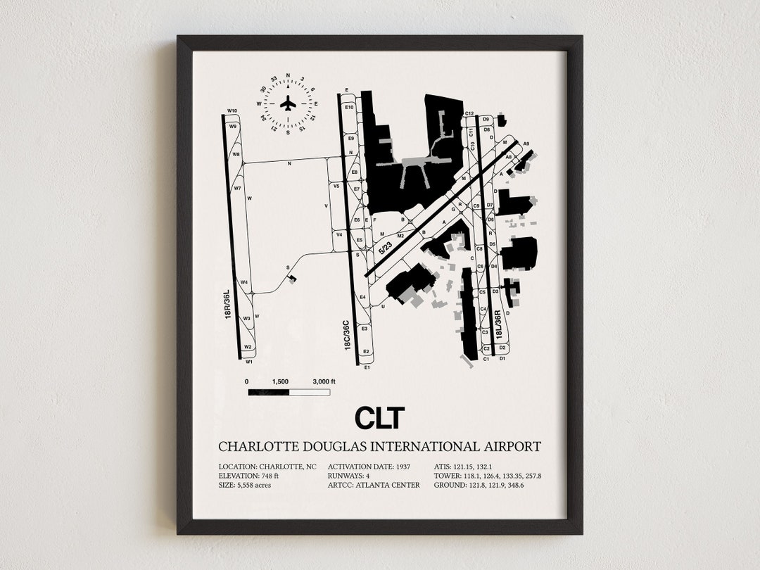 CLT Airport Map, Charlotte Douglas International Airport Framed Print ...