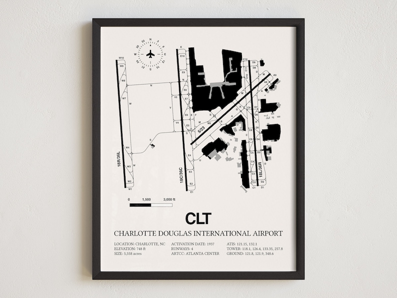 CLT Airport Map, Charlotte Douglas International Airport Framed Print ...