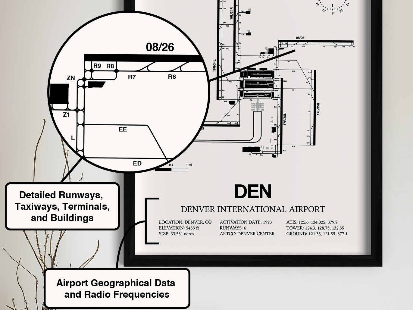DEN Airport Map, Denver International Airport Framed Print, Aviation ...