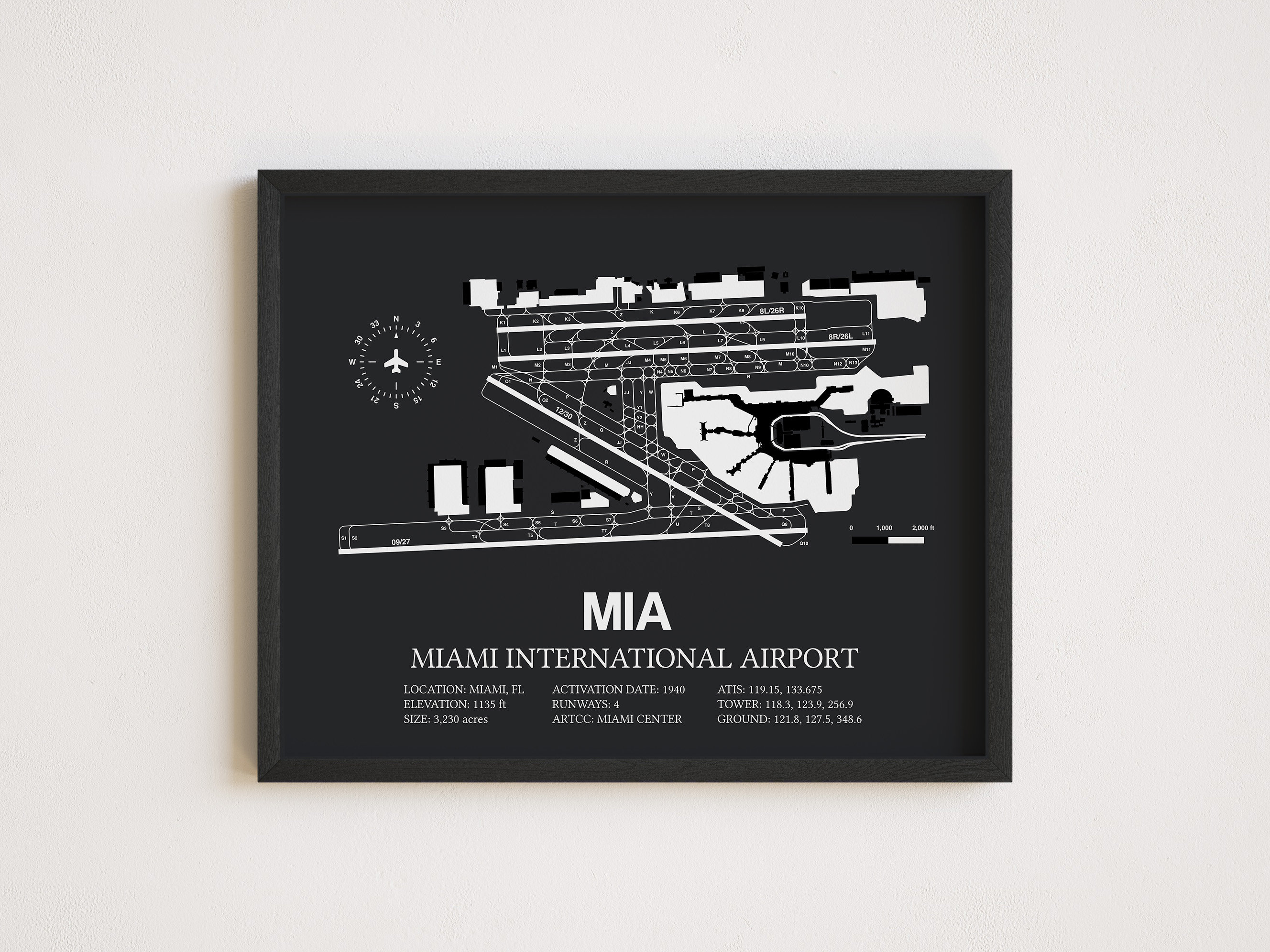 MIA Airport Map, Miami International Airport Art Framed Print, Aviation ...