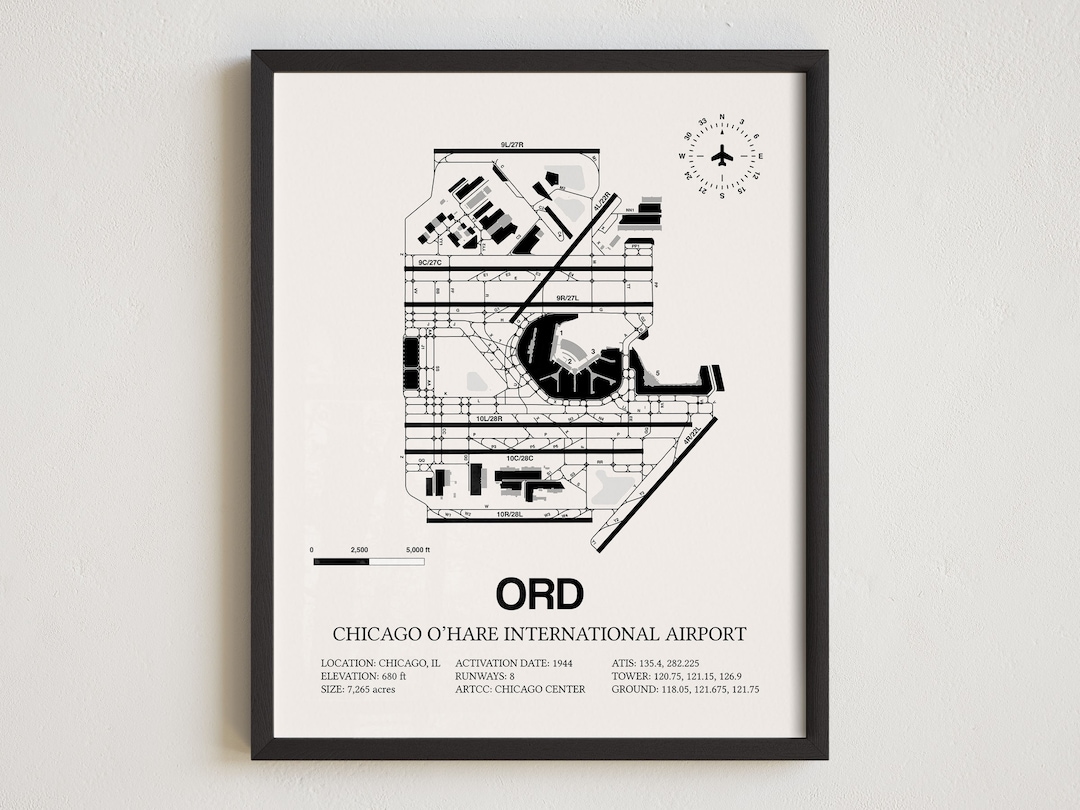 ORD Airport Map, Chicago O'hare International Airport Framed Print ...