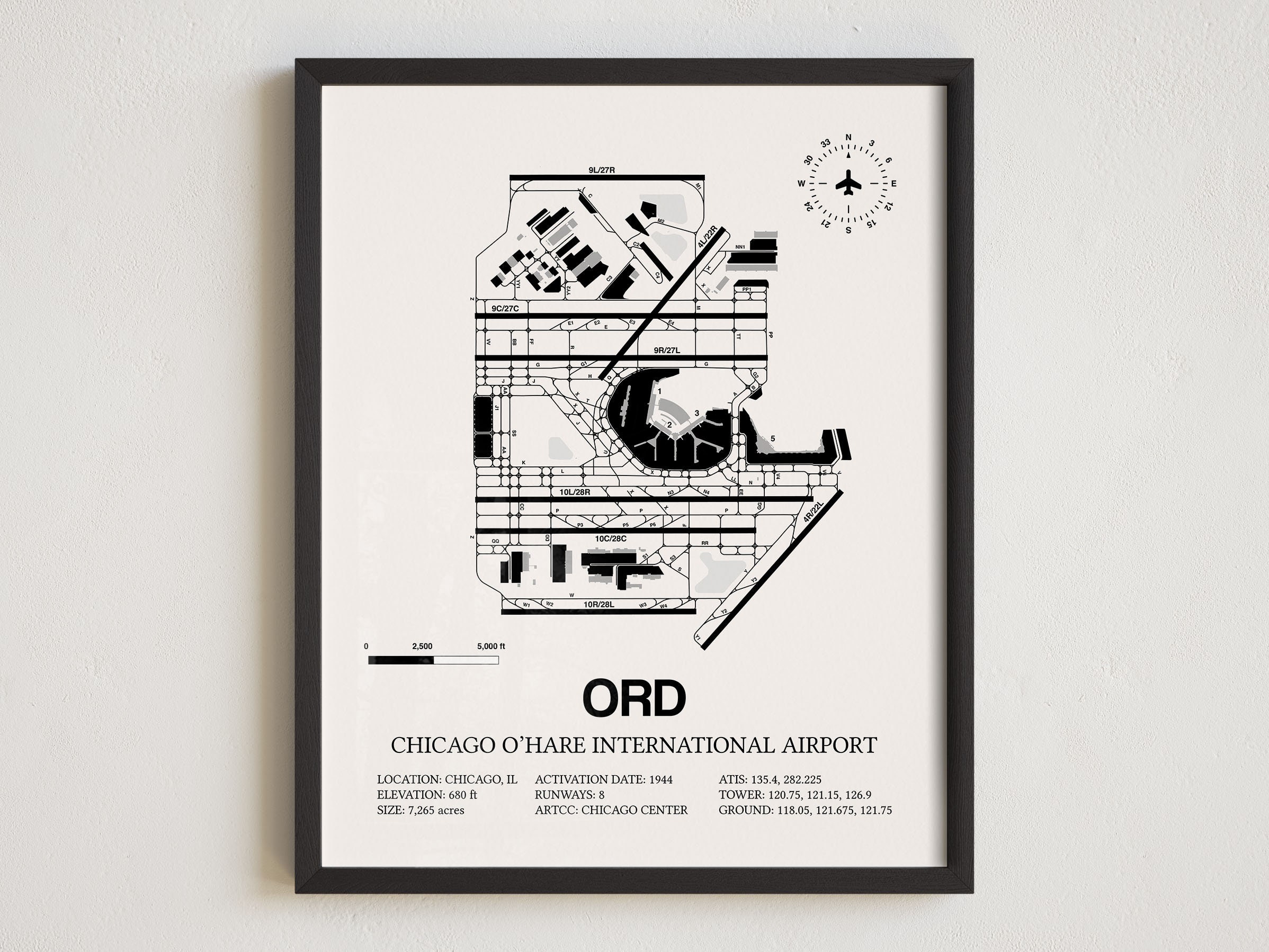 ORD Airport Map, Chicago O'hare International Airport Framed Print ...