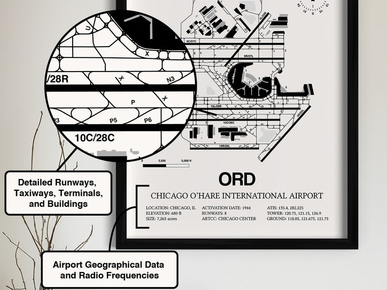 ORD Airport Map, Chicago O'hare International Airport Framed Print ...