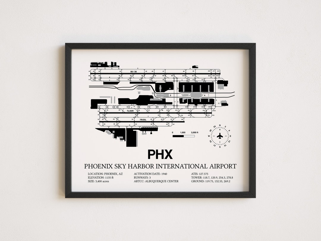 PHX Airport Map, Phoenix Sky Harbor International Airport Art Framed ...