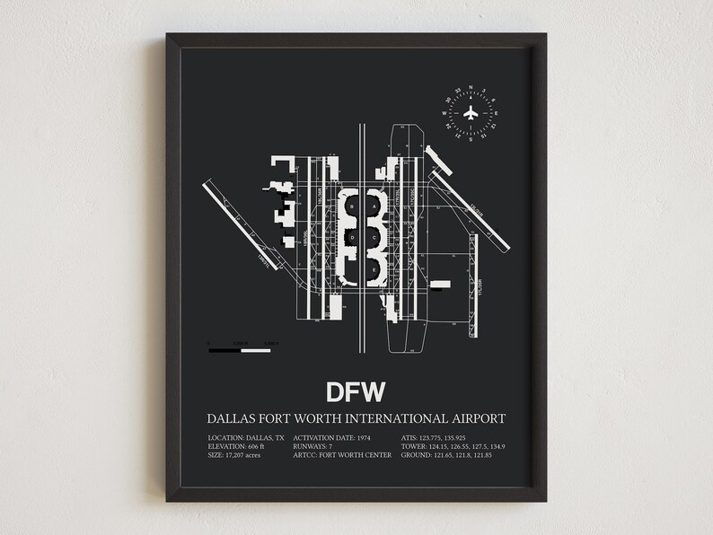 DFW Airport Map, Dallas Fort Worth International Airport Art Framed ...