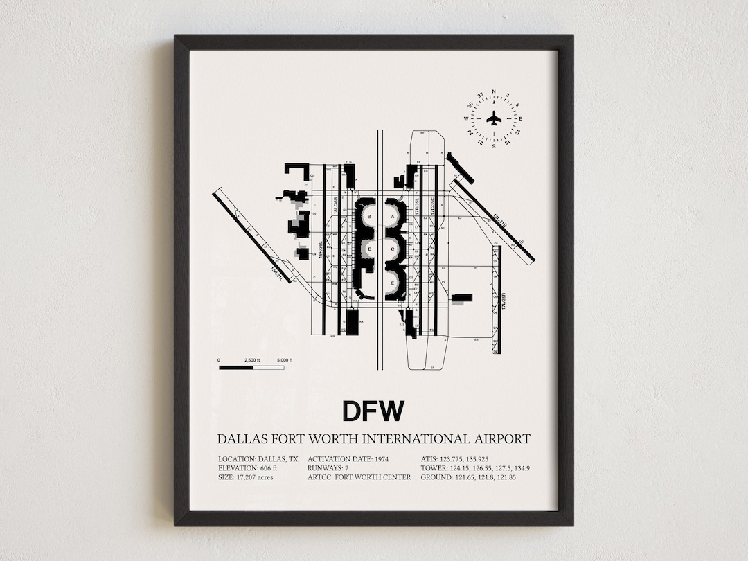 DFW Airport Map, Dallas Fort Worth International Airport Art Framed ...