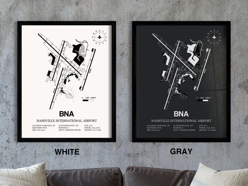 BNA Airport Map, Nashville International Airport Framed Print, Aviation ...
