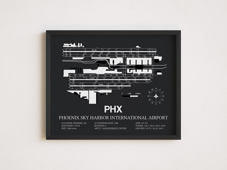 PHX Airport Map, Phoenix Sky Harbor International Airport Art Framed ...