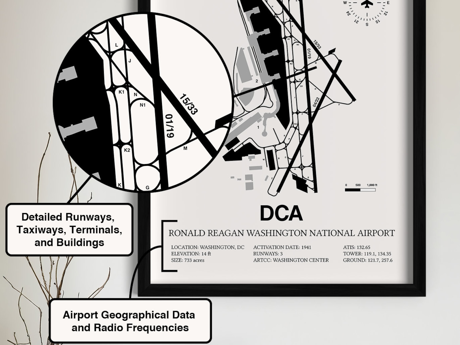 DCA Airport Map, Ronald Reagan Washington National Airport Framed Print ...