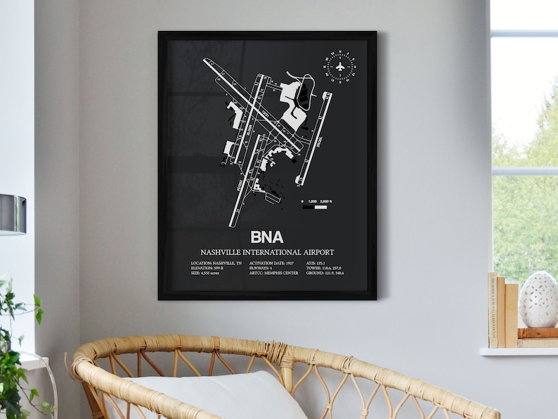 BNA Airport Map, Nashville International Airport Framed Print, Aviation ...