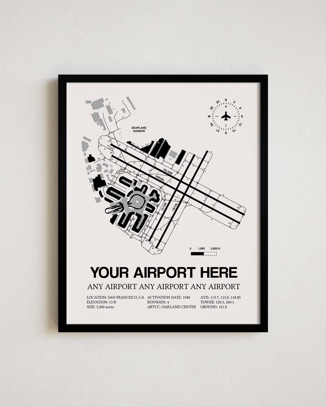 Custom Airport Map, ANY AIRPORT, Customizable Detailed Framed Print ...