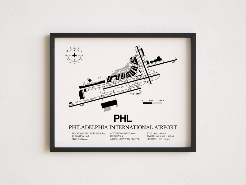 PHL Airport Map, Philadelphia International Airport Framed Print ...