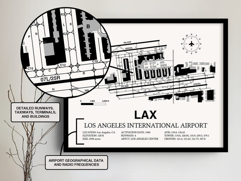 LAX Airport Map, Los Angeles International Airport Framed Print ...