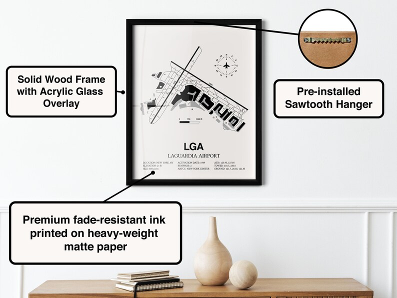LGA Airport Map, Laguardia Airport Framed Print, Aviation Decor, Pilot ...