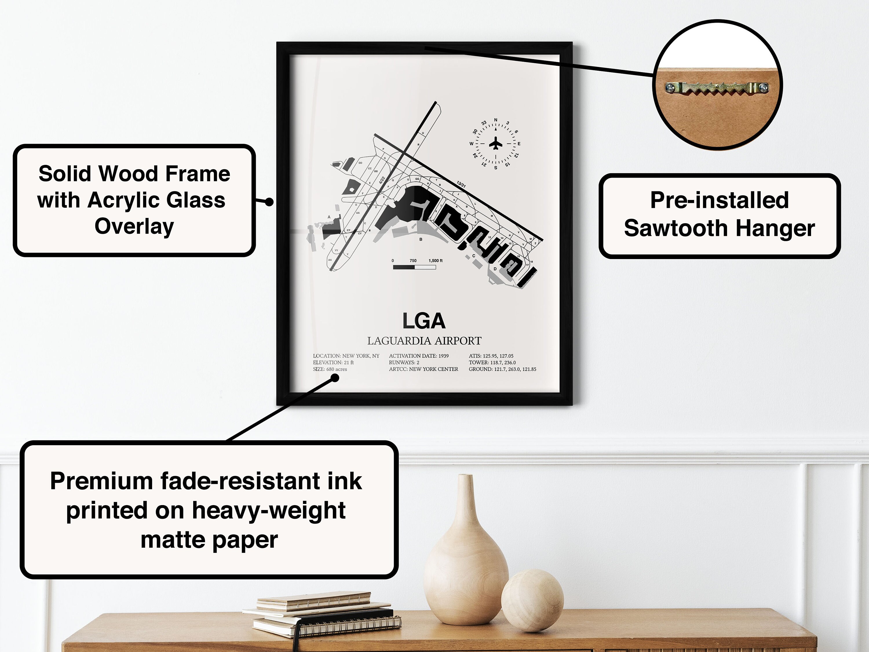 LGA Airport Map, Laguardia Airport Framed Print, Aviation Decor, Pilot ...
