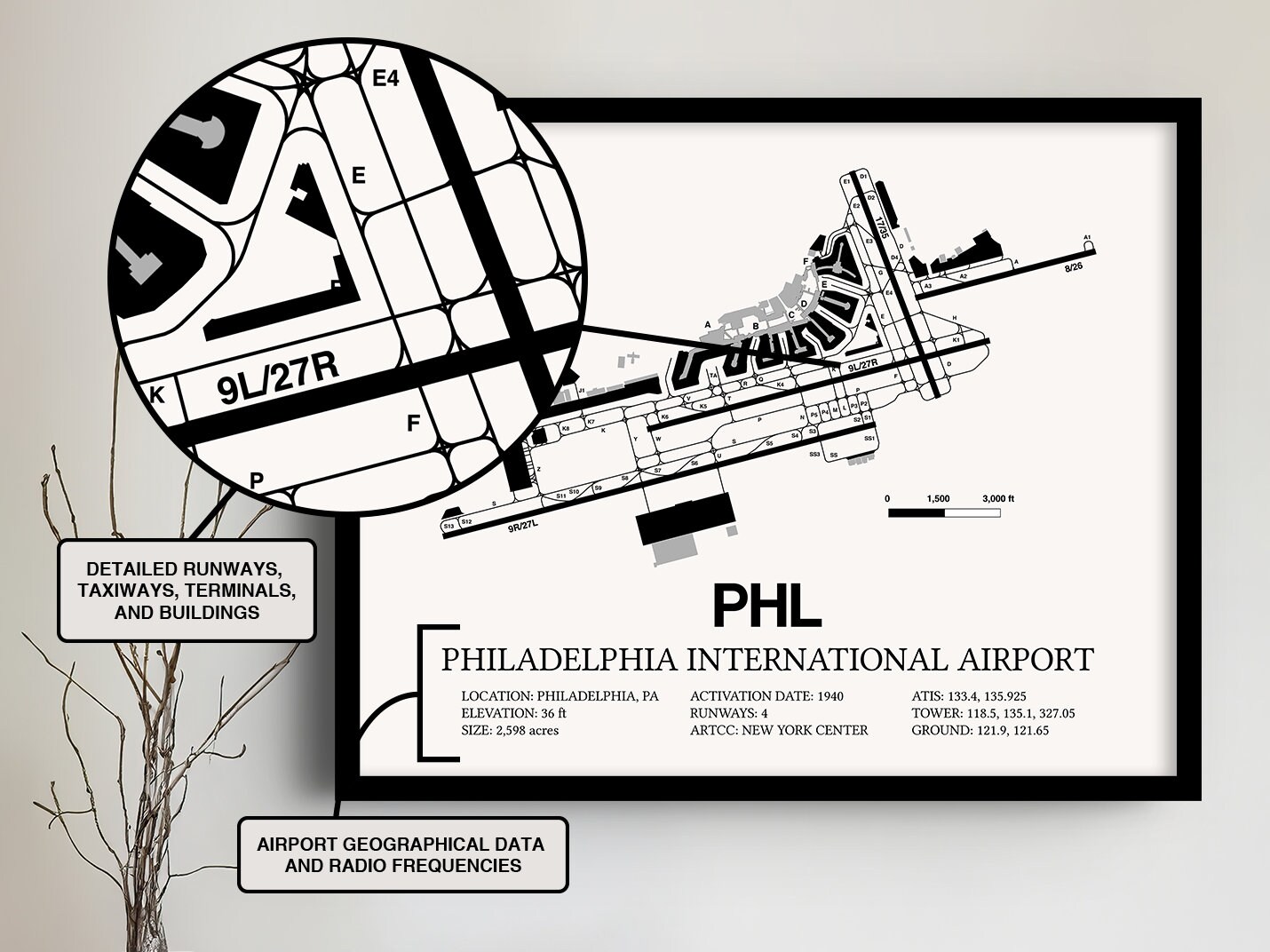 PHL Airport Map, Philadelphia International Airport Framed Print ...