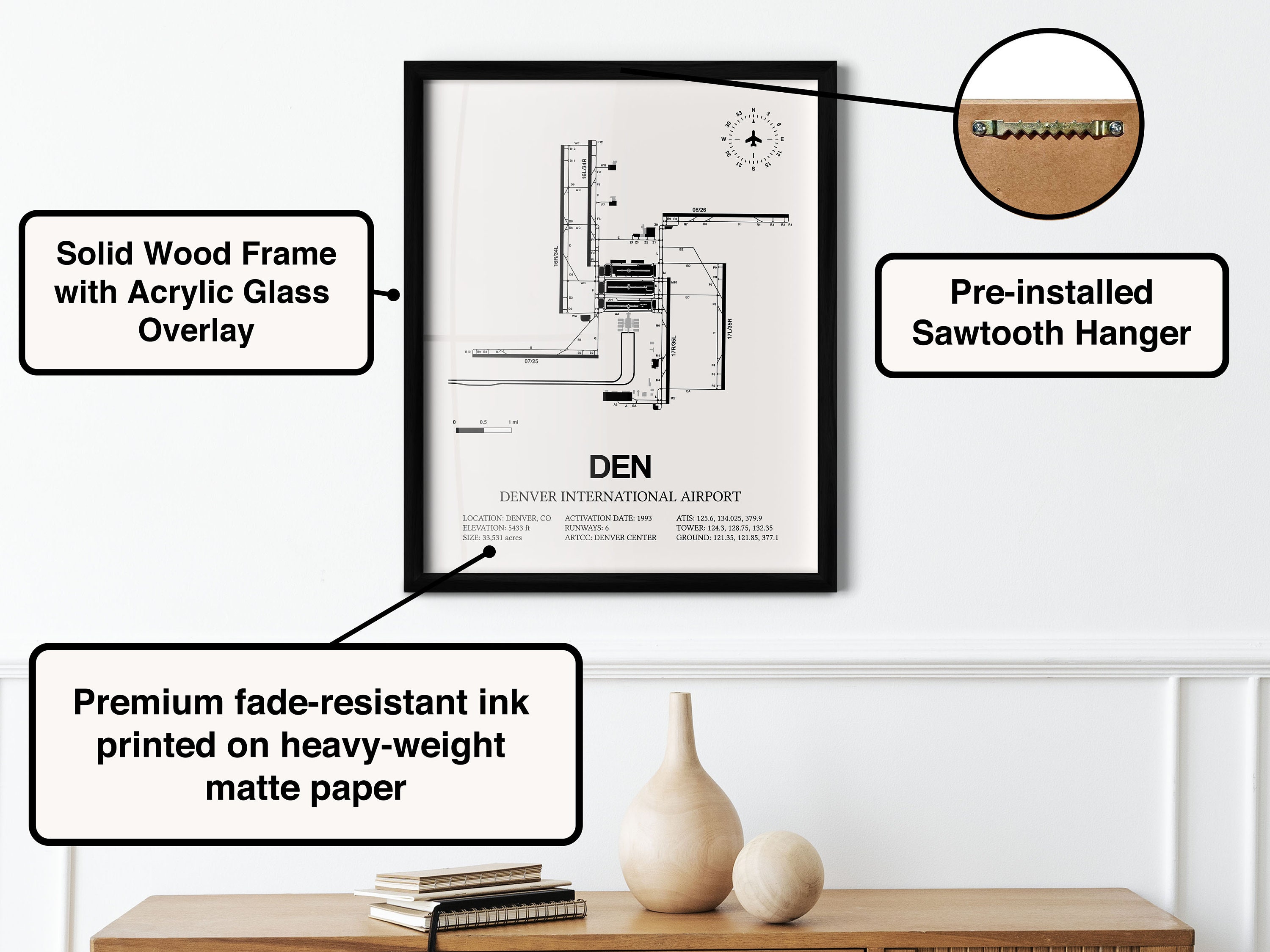DEN Airport Map, Denver International Airport Framed Print, Aviation ...
