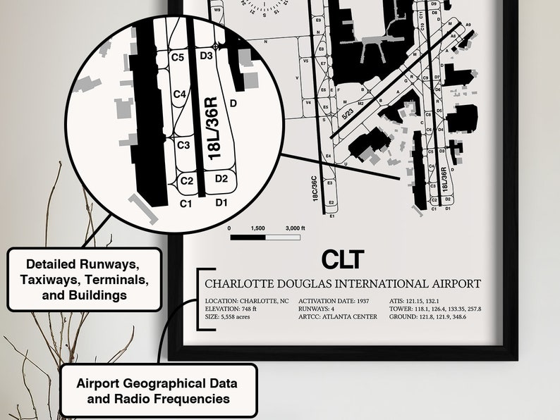 CLT Airport Map, Charlotte Douglas International Airport Framed Print ...