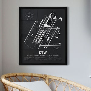DTW Airport Map, Detroit Metro Wayne County Airport Framed Print ...