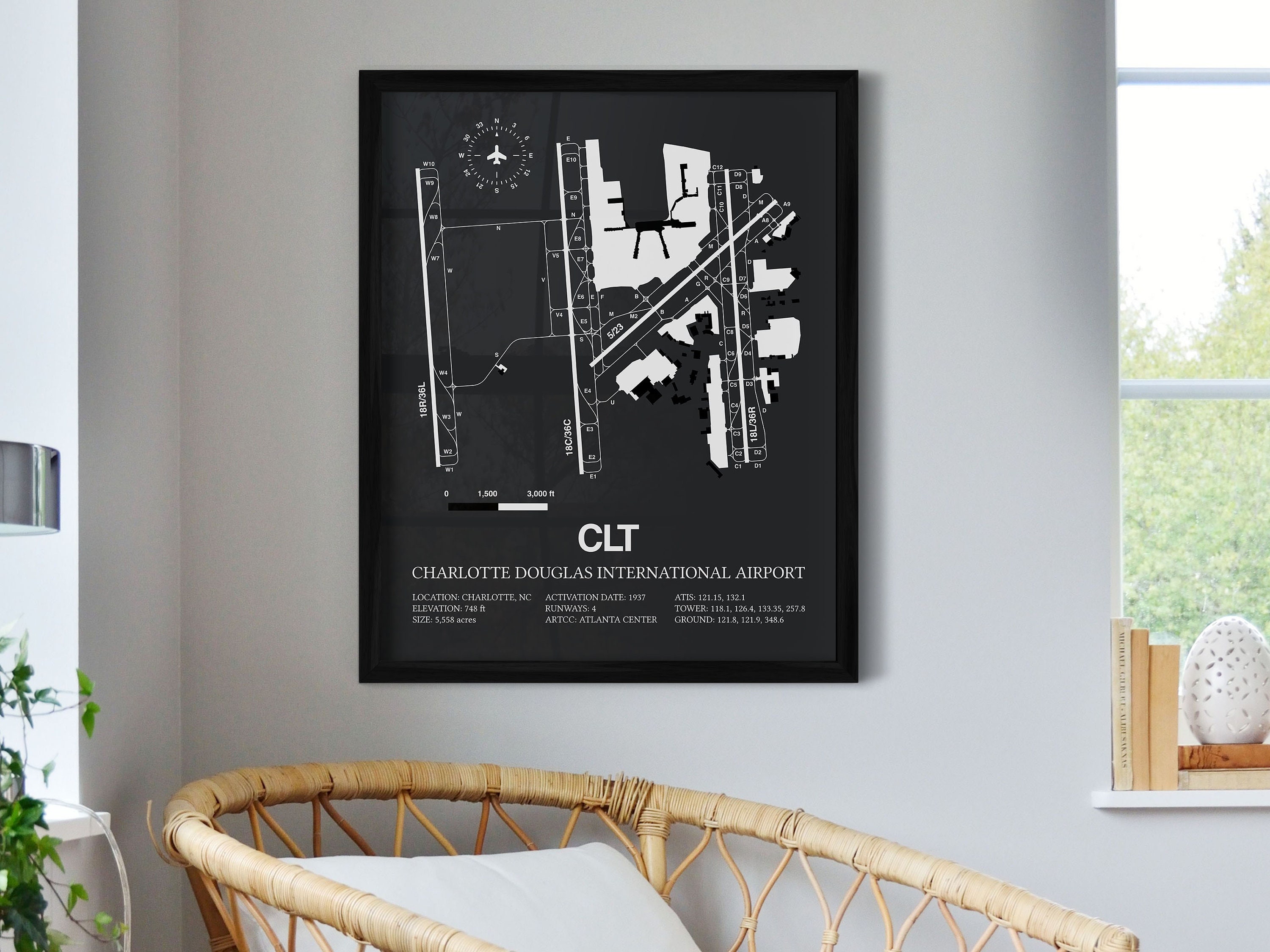 CLT Airport Map, Charlotte Douglas International Airport Framed Print ...