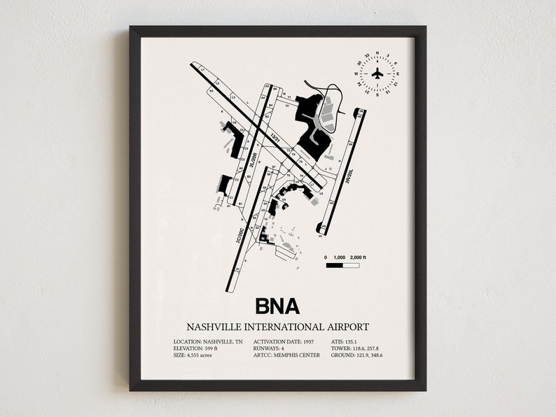 BNA Airport Map, Nashville International Airport Framed Print, Aviation ...